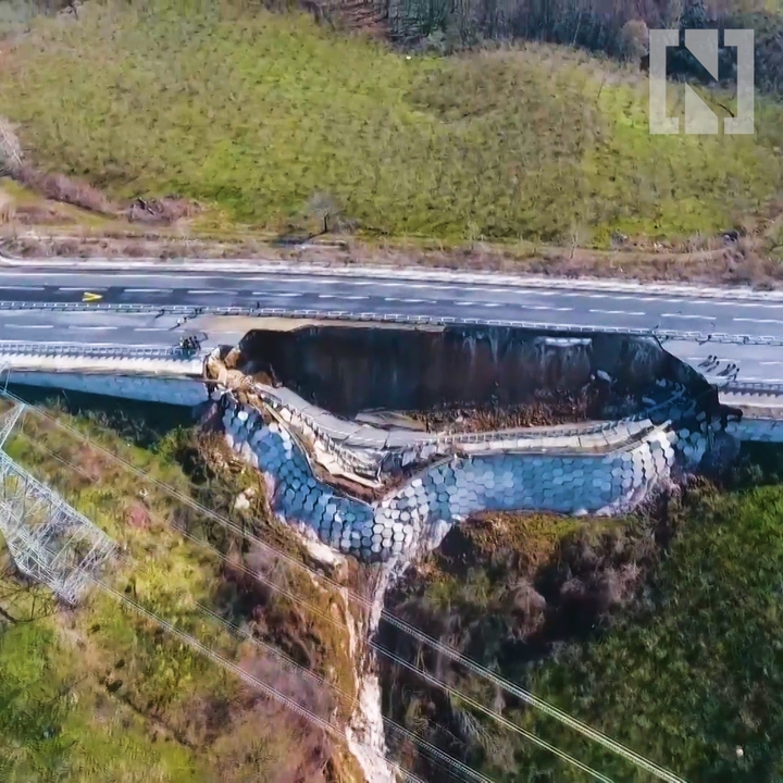Drone footage shows huge hole in highway in Turkey after landslide
