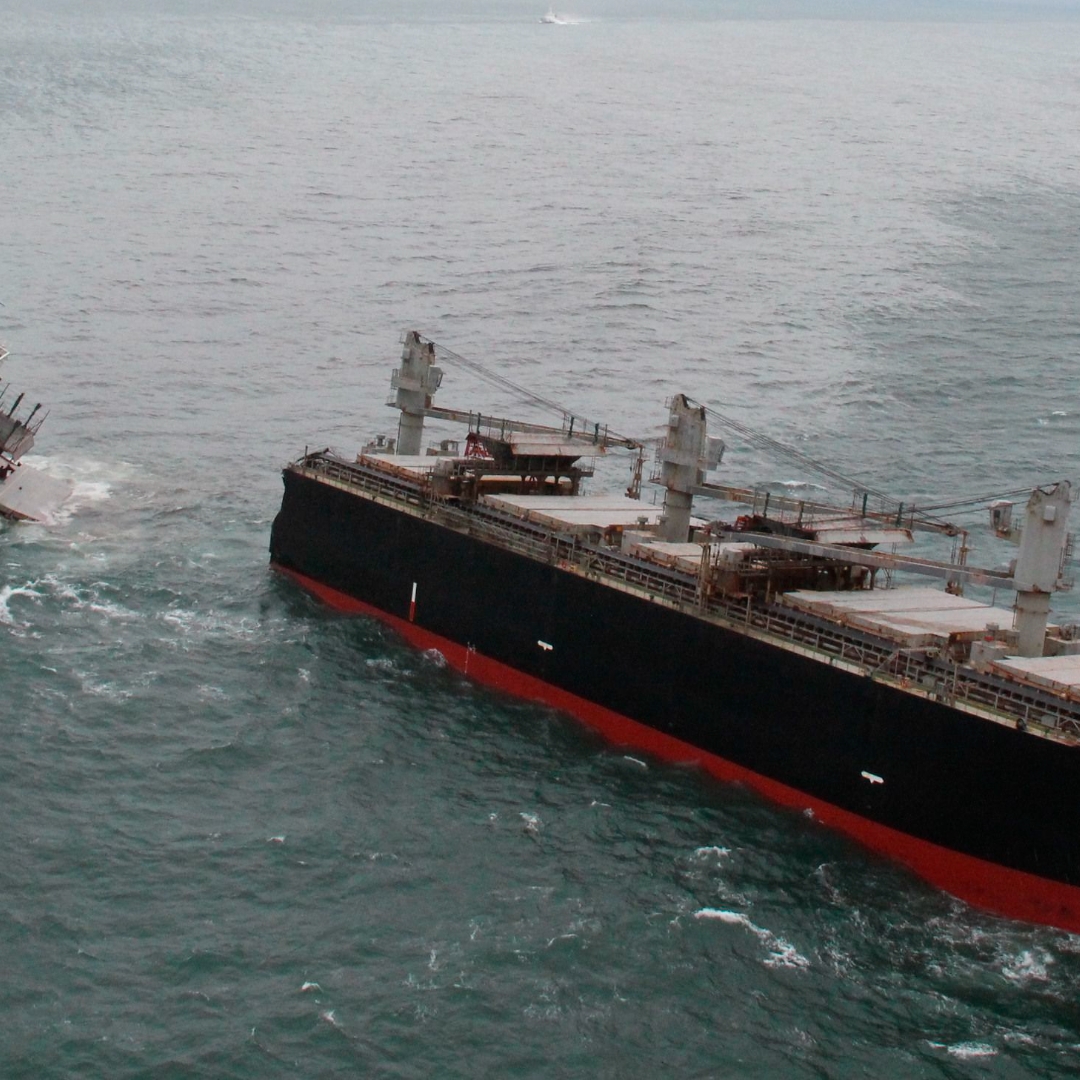 Ship splits in two after running aground in Japanese harbour